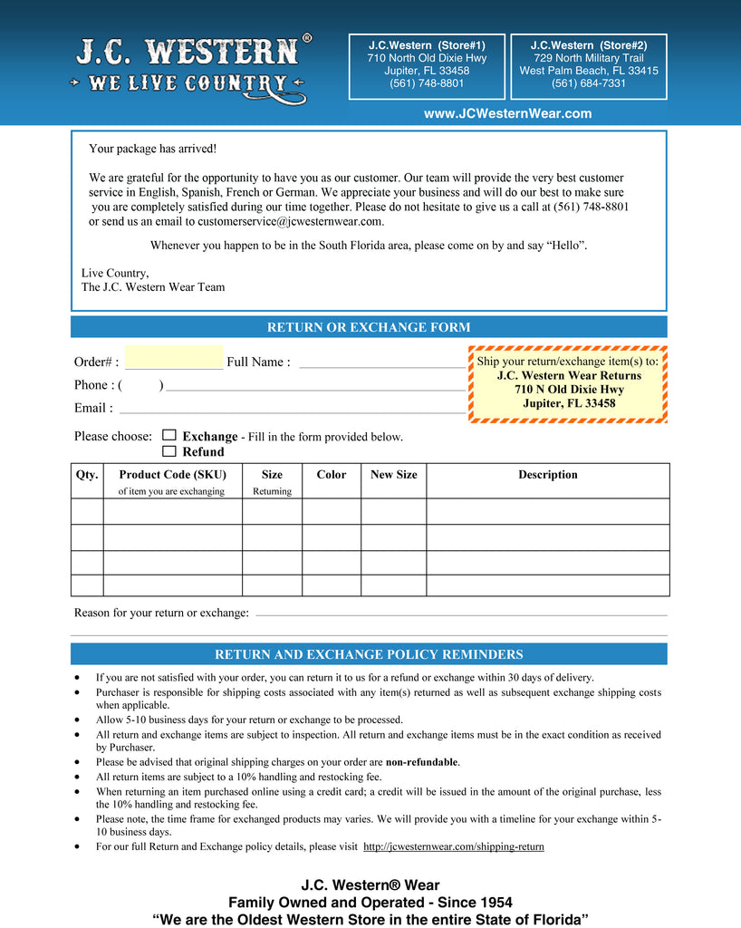 J.C. WESTERN WEAR - J.C. WESTERN RETURN FORM – J.C. Western® Wear